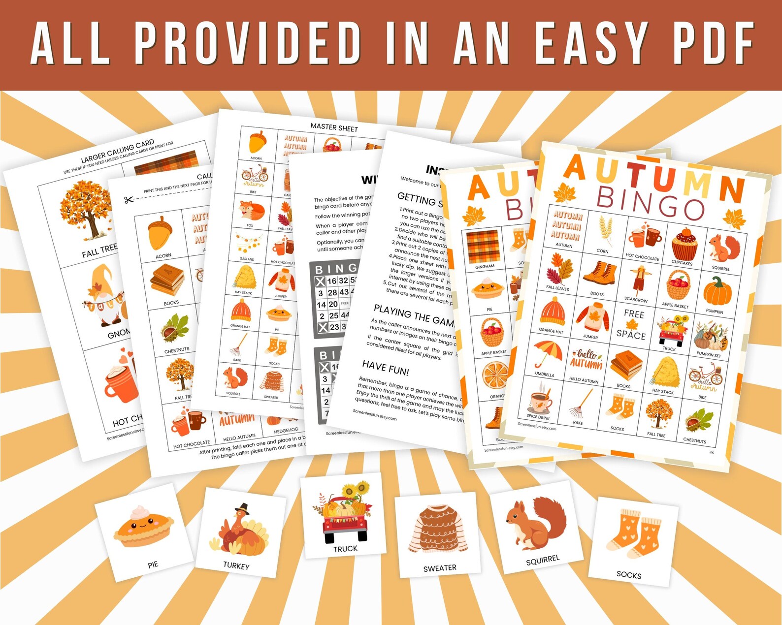 Autumn Bingo Game: 90 Printable Cards, Fall Family Fun (digital ...