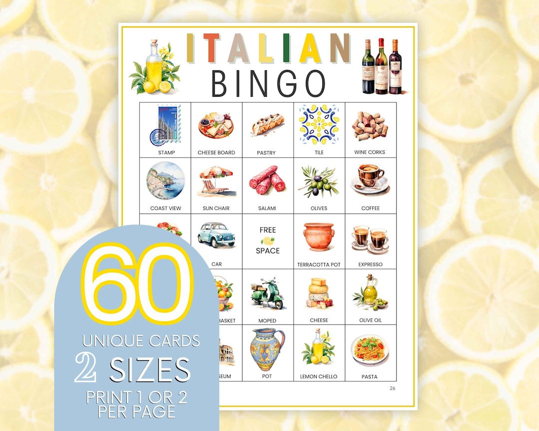 Lemon Mediterranean Bingo Cards, Italian Travel Bingo Game, Italy Icons ...