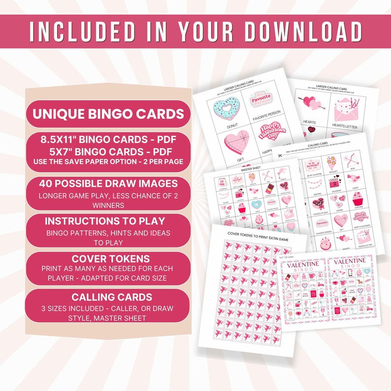 Valentine Bingo Game - 30 Bingo Cards, February Classroom Game, Bingo ...
