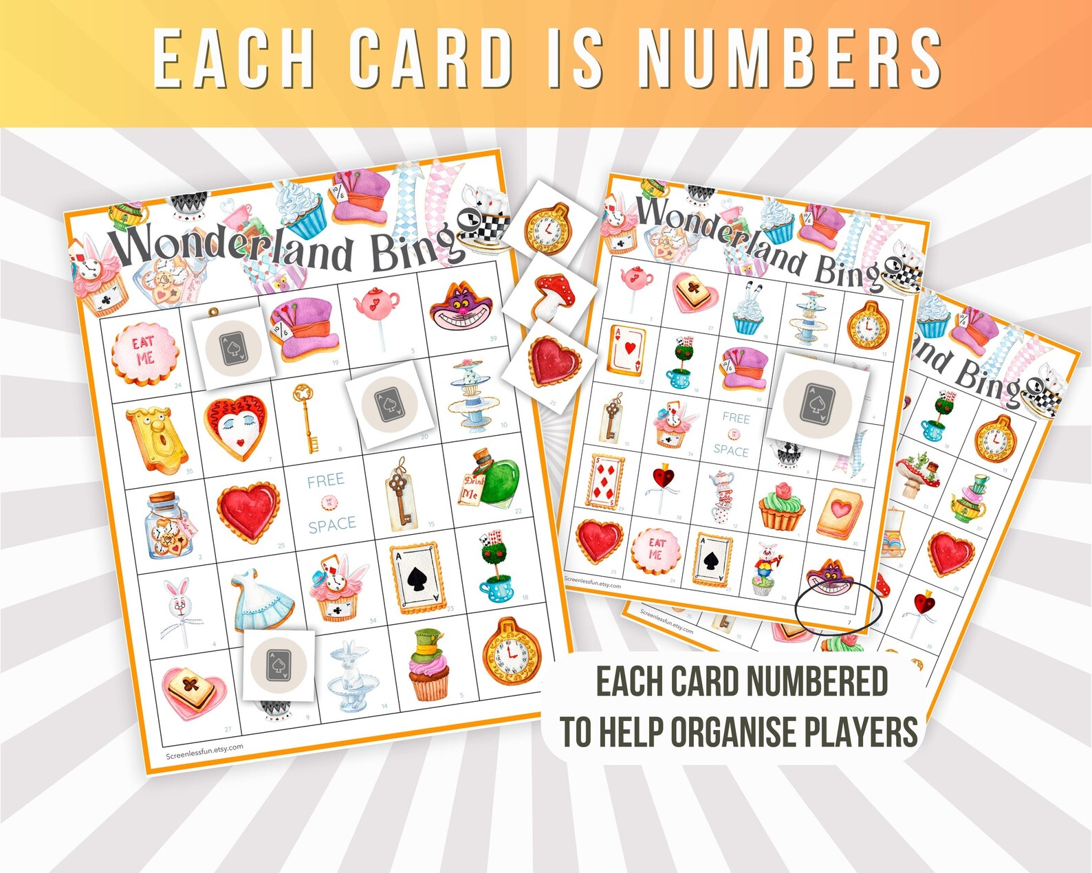 130 Alice in Wonderland Bingo Cards, Mad Hatter Themed Bingo Game ...