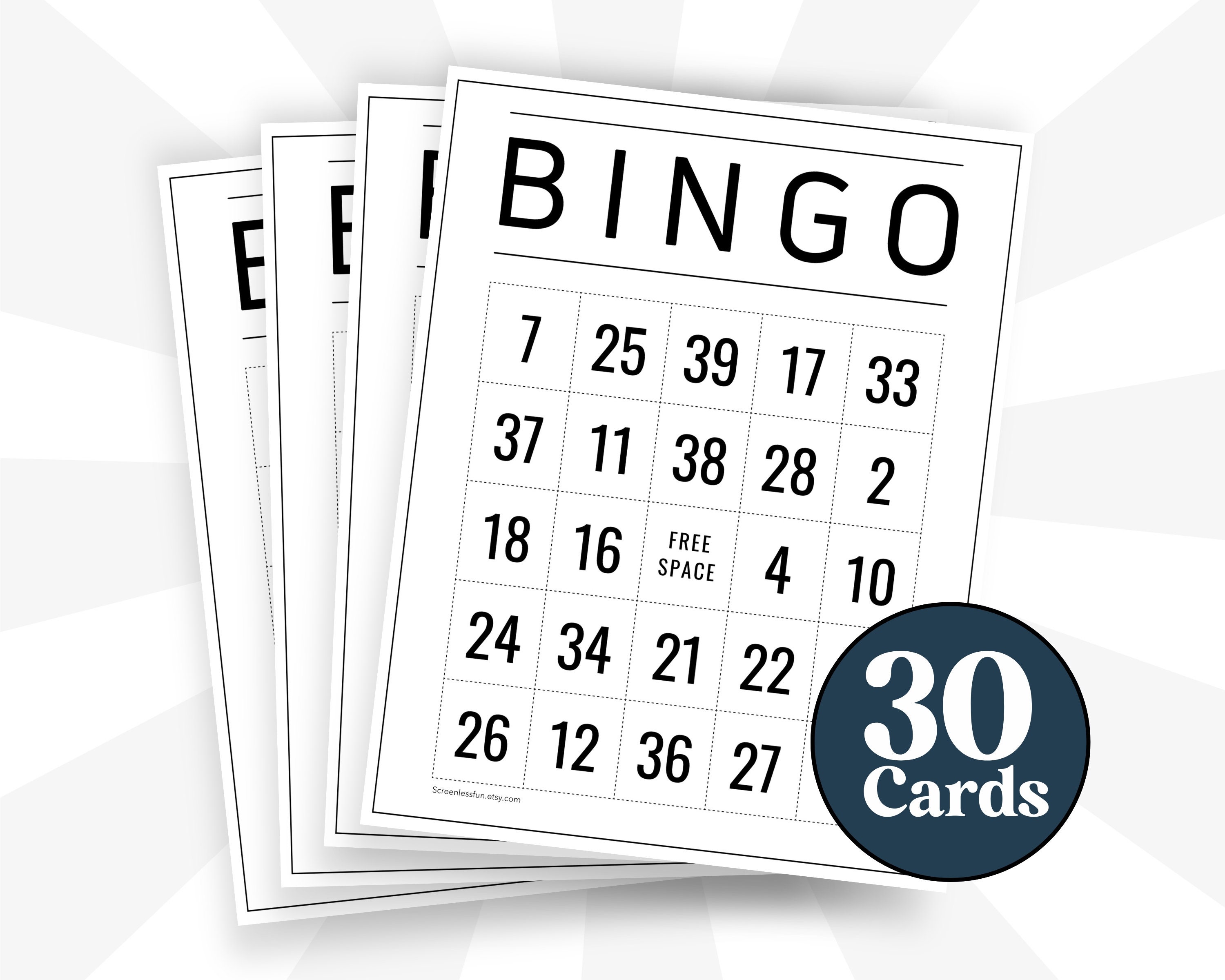 30 Extra Large Party Bingo Boards, Simple Black and White, Fun Party ...