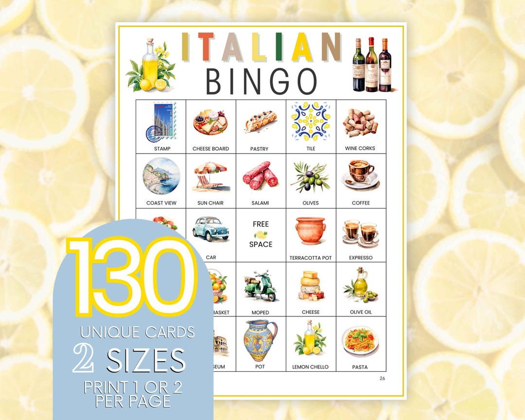 Italian Bingo Game, Italy Bingo Game, Italian Bingo Party Game, Lemon ...