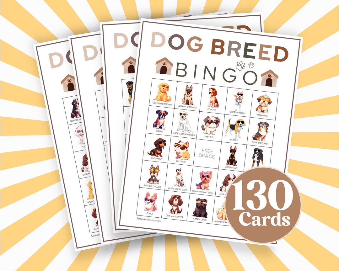 Dog Breed Bingo Game: 130 Printable Cards (birthday Party) - Etsy