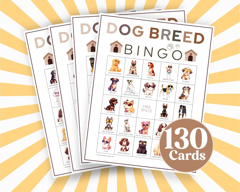 Dog Breed Bingo Game: 130 Printable Cards (birthday Party) - Etsy