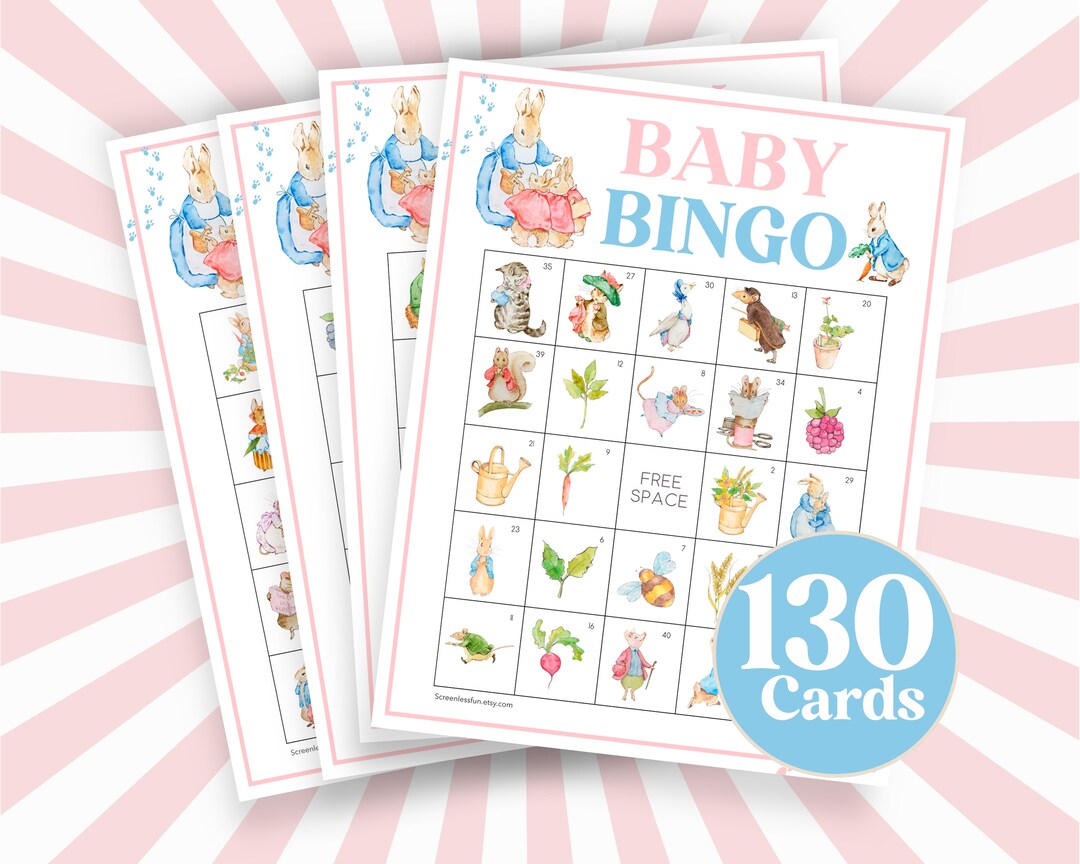 130 Peter Rabbit Bunny Bingo Cards, Boy Girl Baby Shower Bingo Game ...