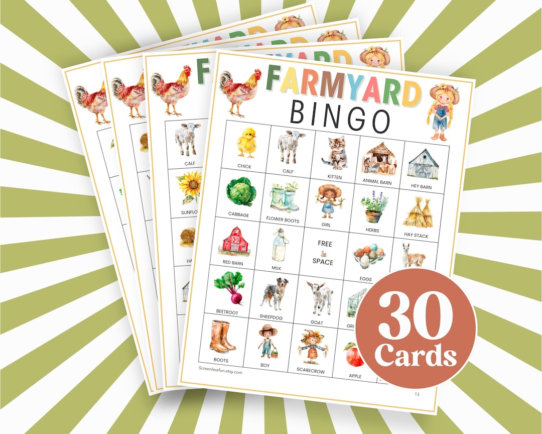 30 Farmyard Bingo Cards, Farm Animal Baby Shower Game, Barnyard Party ...