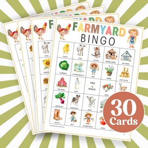 30 Farmyard Bingo Cards, Farm Animal Baby Shower Game, Barnyard Party ...