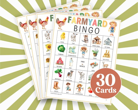30 Farmyard Bingo Cards, Farm Animal Baby Shower Game, Barnyard
