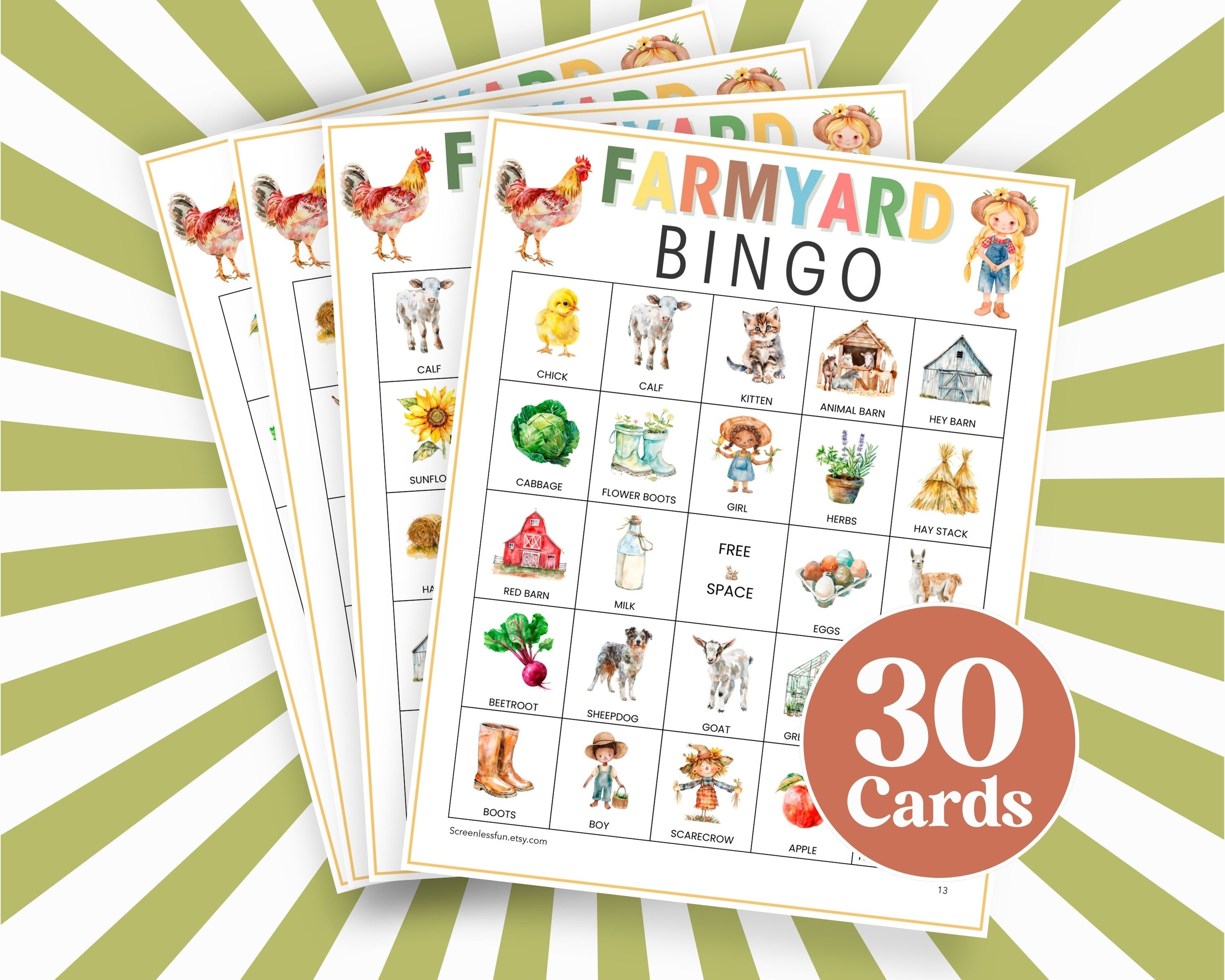 30 Farmyard Bingo Cards, Farm Animal Baby Shower Game, Barnyard Party ...
