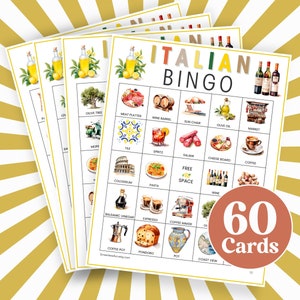 Lemon Mediterranean Bingo Cards, Italian Travel Bingo Game, Italy Icons ...