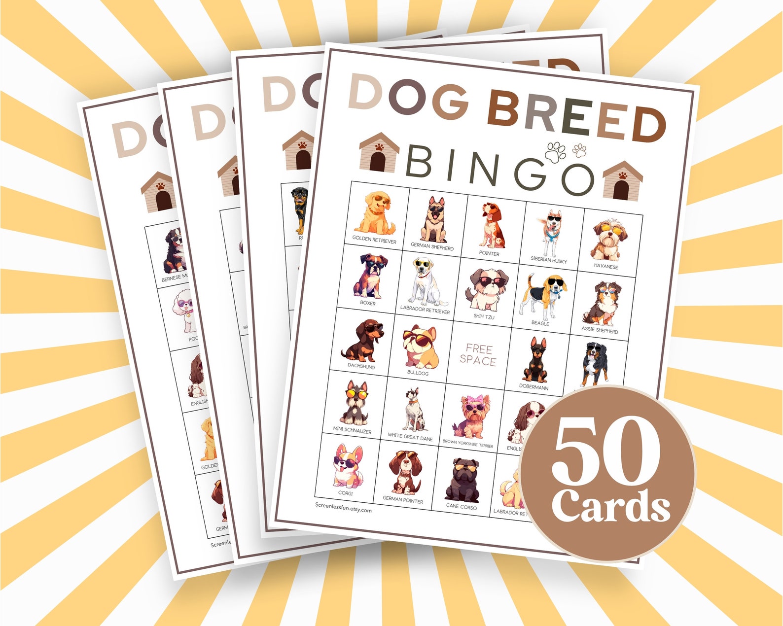 Dog Breed Bingo Boards, 50 Dog Birthday Party Game, Kids Party Activity ...