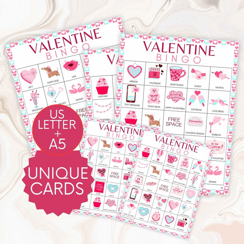 Valentine Bingo Game - 30 Bingo Cards, February Classroom Game, Bingo ...