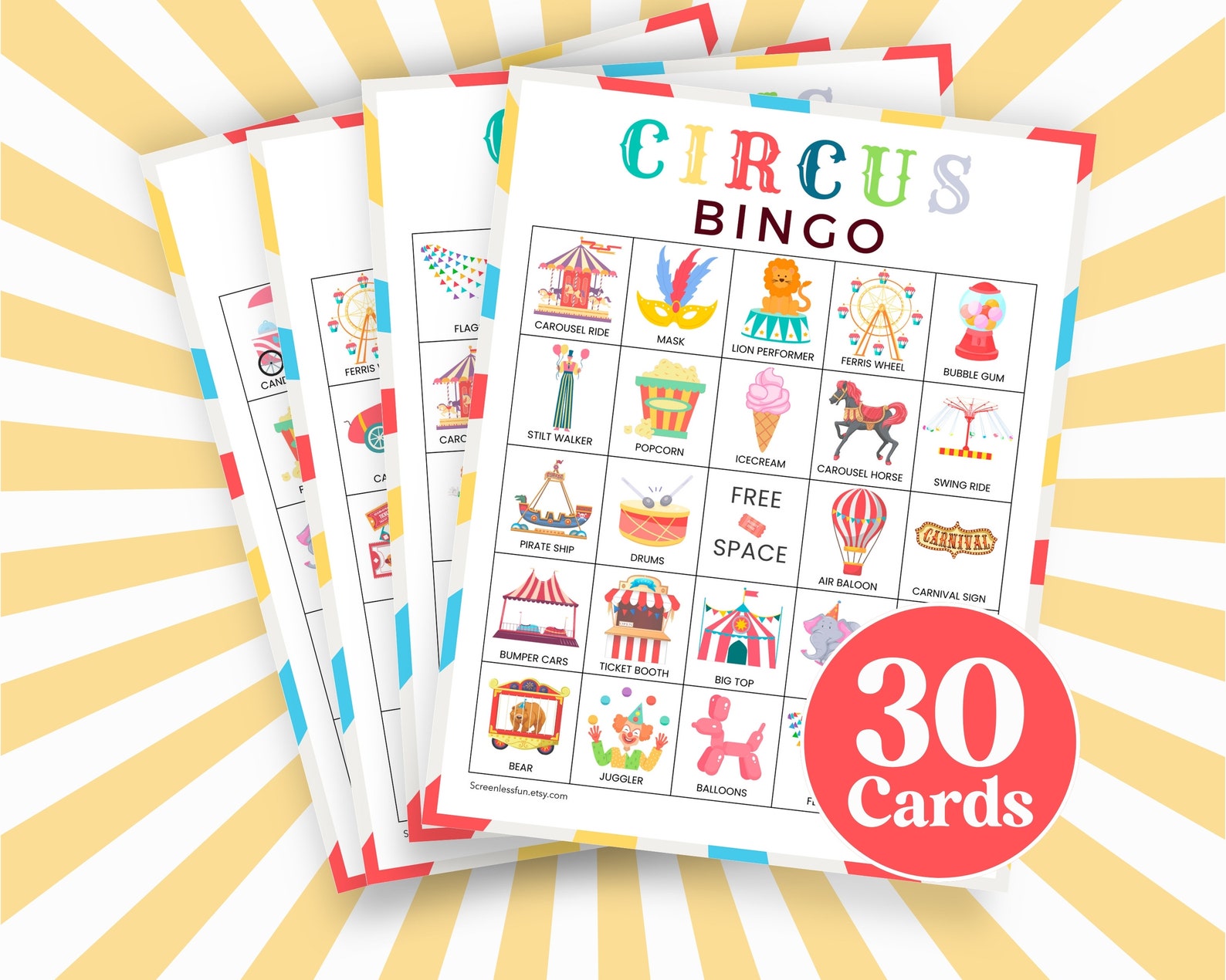 30 Circus Bingo Printable Boards, Circus Themed Party Game, Carnival ...