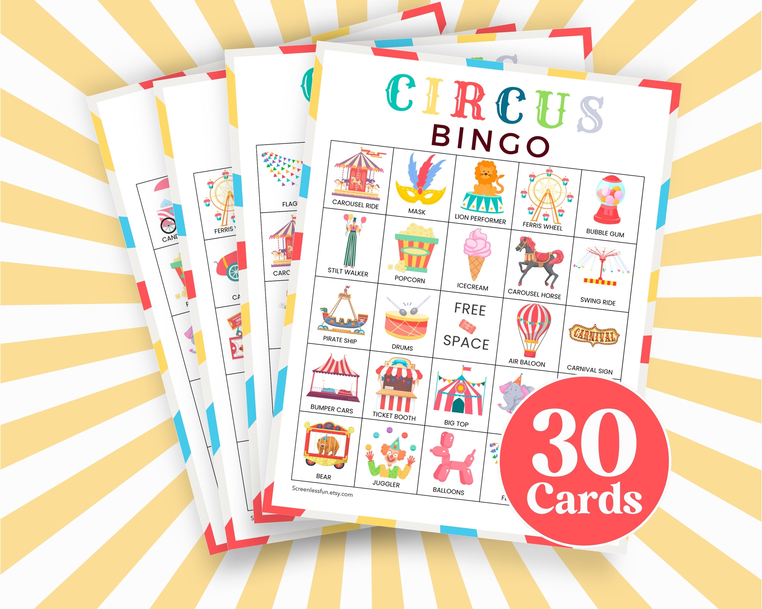 30 Circus Bingo Printable Boards, Circus Themed Party Game, Carnival ...