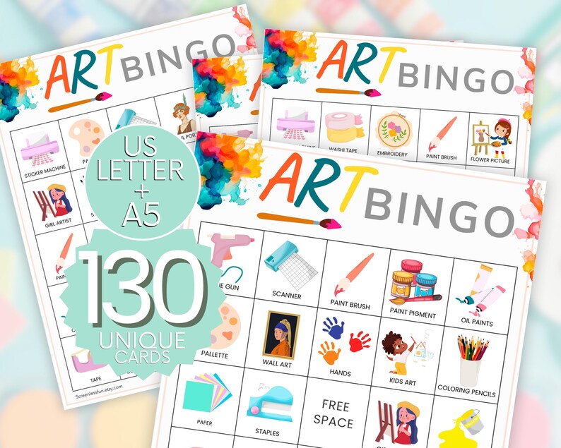 Art Bingo Game: 130 Printable Cards, Kids Art Party (PDF) - Etsy
