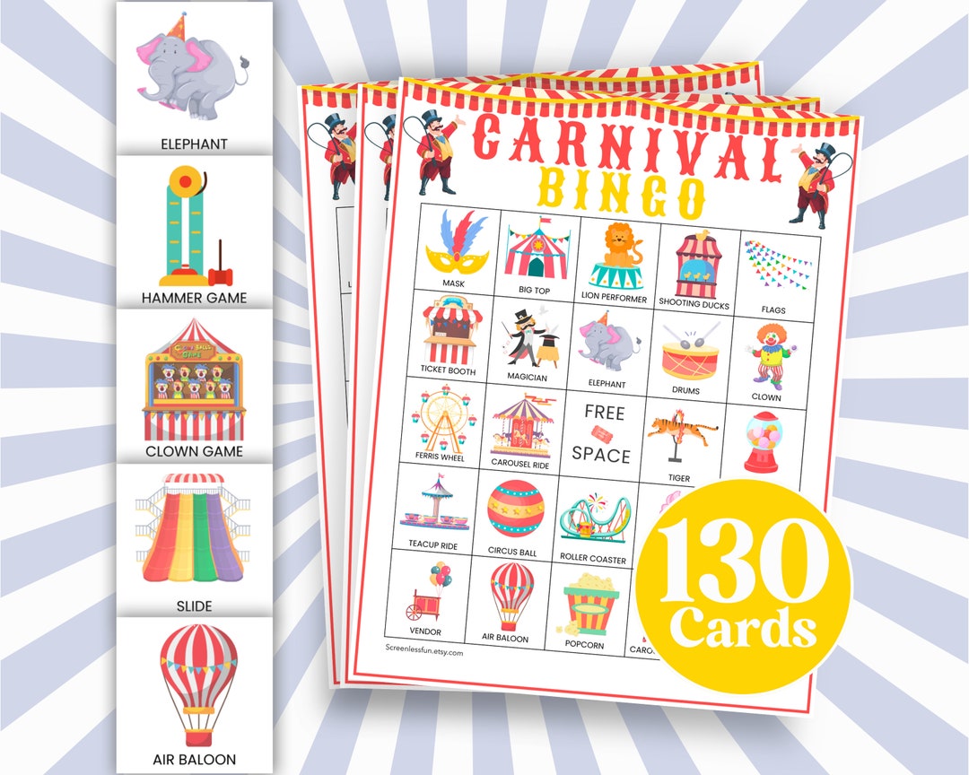 Carnival Bingo Cards Printable Game, Circus Clown Birthday Games, Kids ...