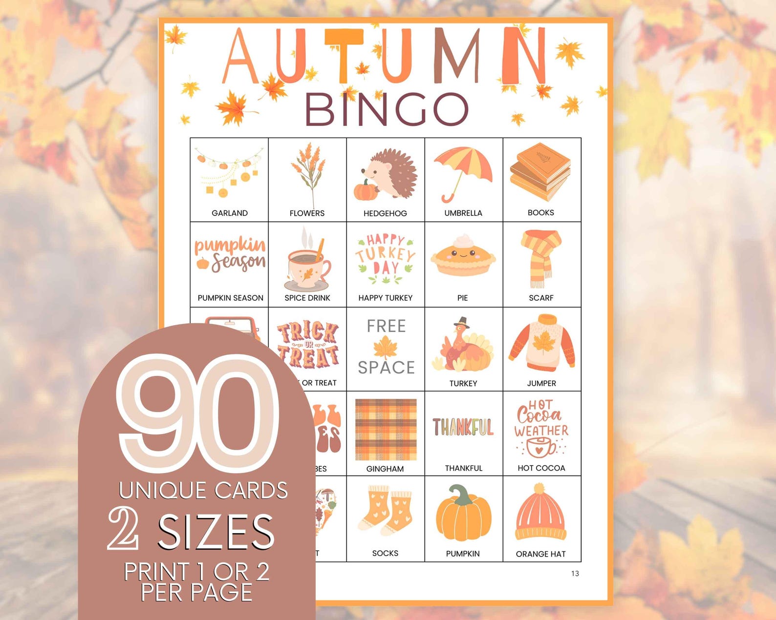 Autumn Bingo Game: 90 Printable Cards, Fall Family Fun (digital ...