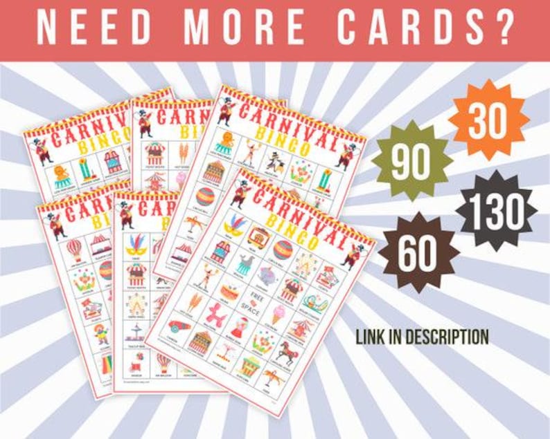 Carnival Bingo: 30 Printable Circus Party Game Cards (digital Download ...