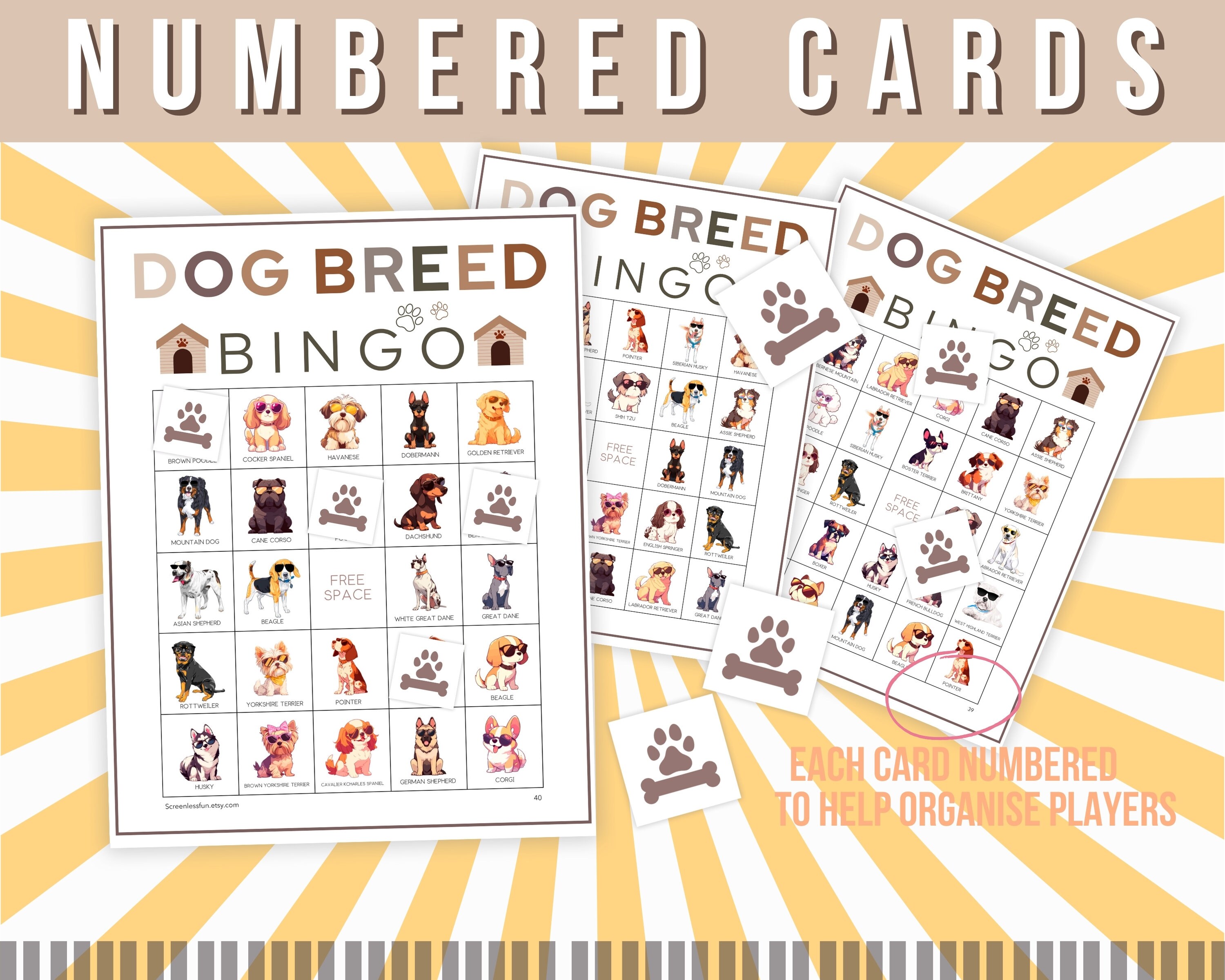 Dog Breed Bingo Boards, 50 Dog Birthday Party Game, Kids Party Activity ...