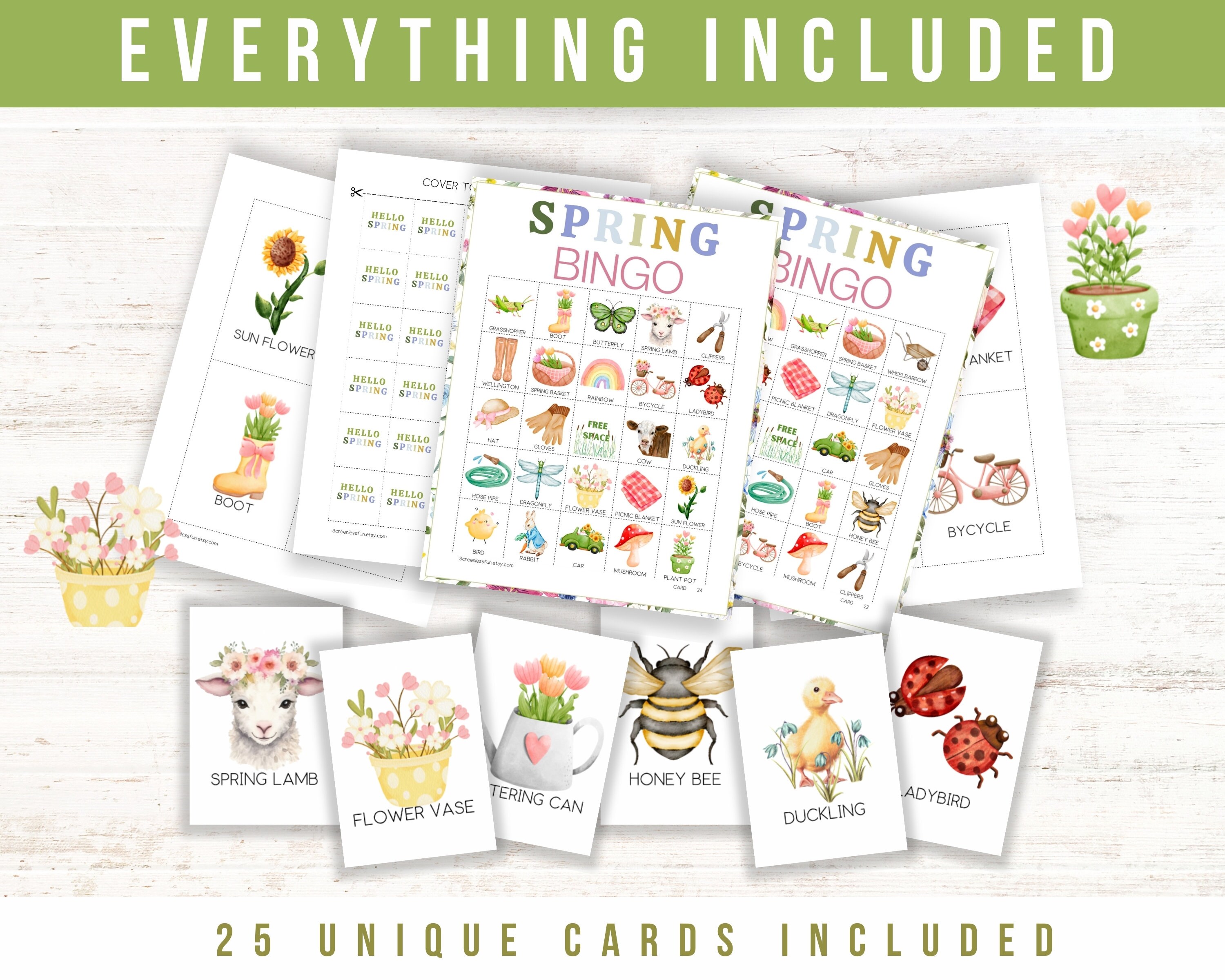 25 Spring Bingo Printable Game Cards, Birthday Games for Spring, Large ...