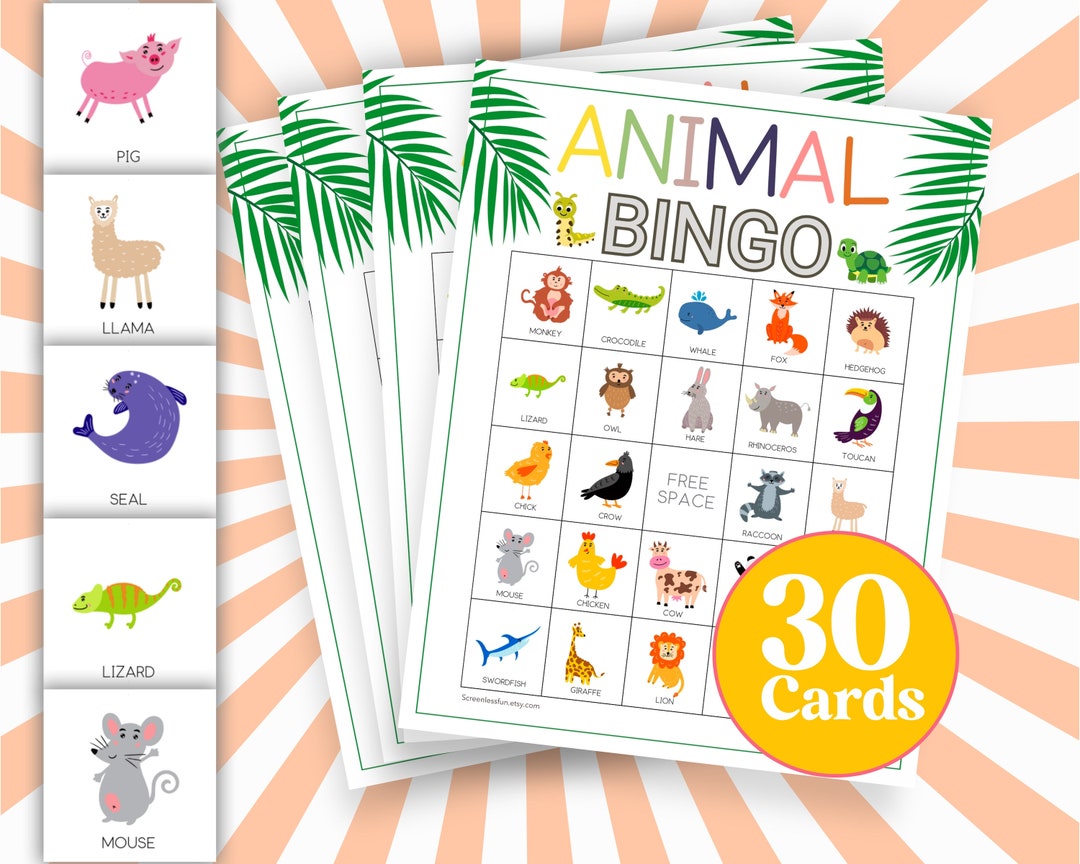 30 Animal Bingo for Kids, Safari Baby Bingo Game, Zoo Activity Family ...