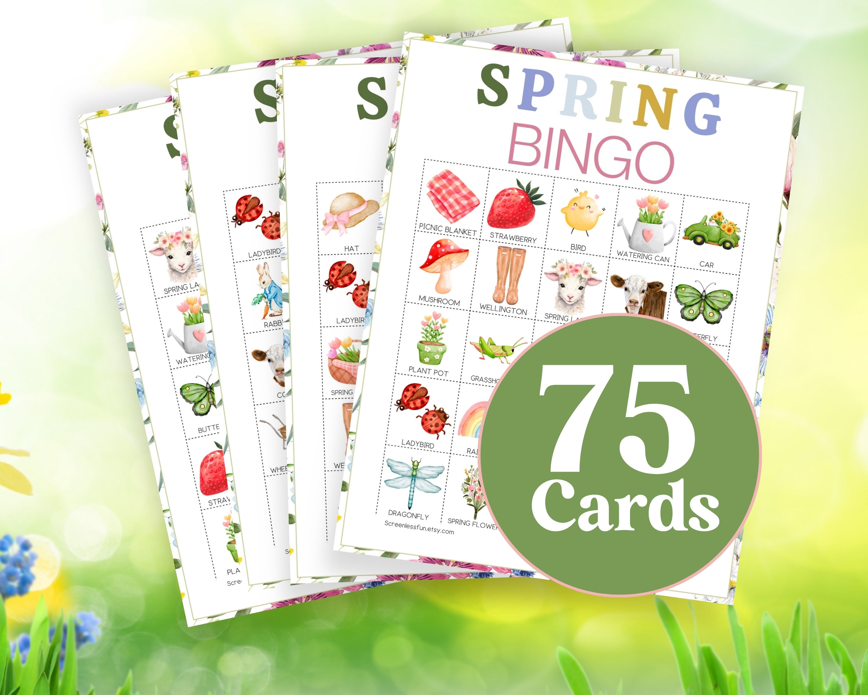 75 Bingo Cards Spring Printable Game, Bingo Kids Party Classroom ...