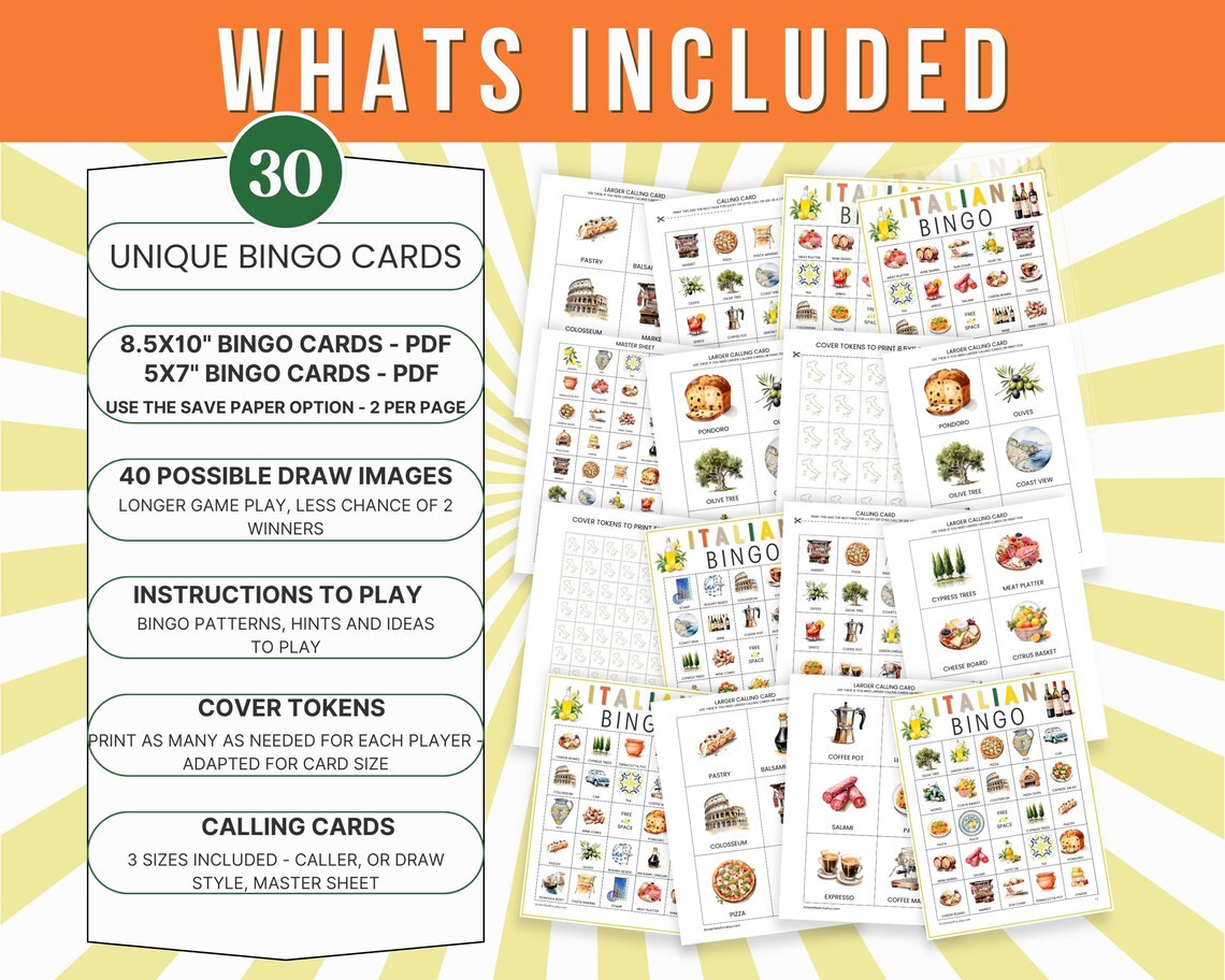 30 Italian Bingo Cards, Citrus Bridal Shower Game, Lemon Printable ...