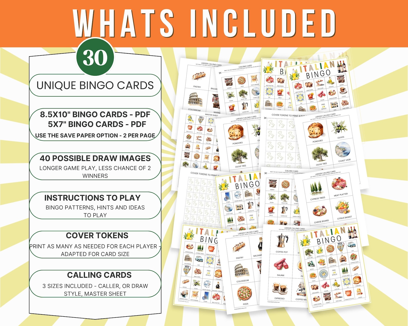 30 Italian Bingo Cards, Citrus Bridal Shower Game, Lemon Printable ...