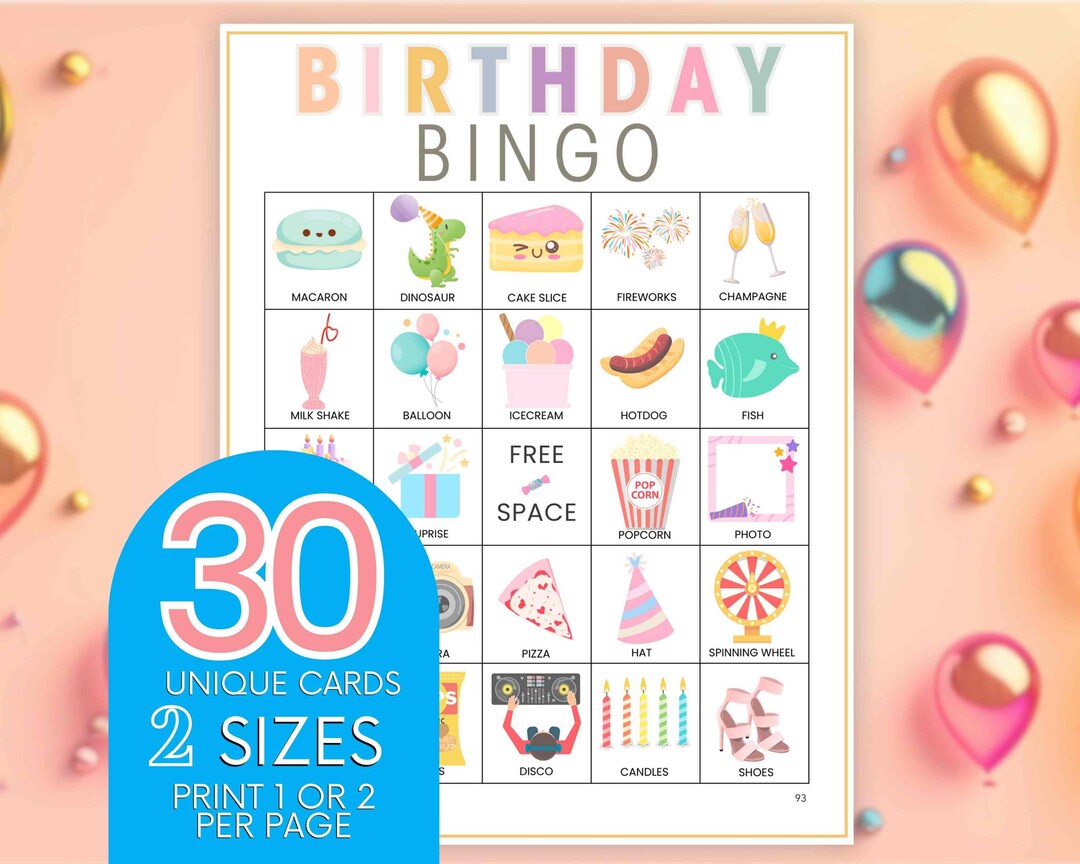 30 Bingo Cards for Birthday, Kids Large Crowd Party Game, Celebration ...