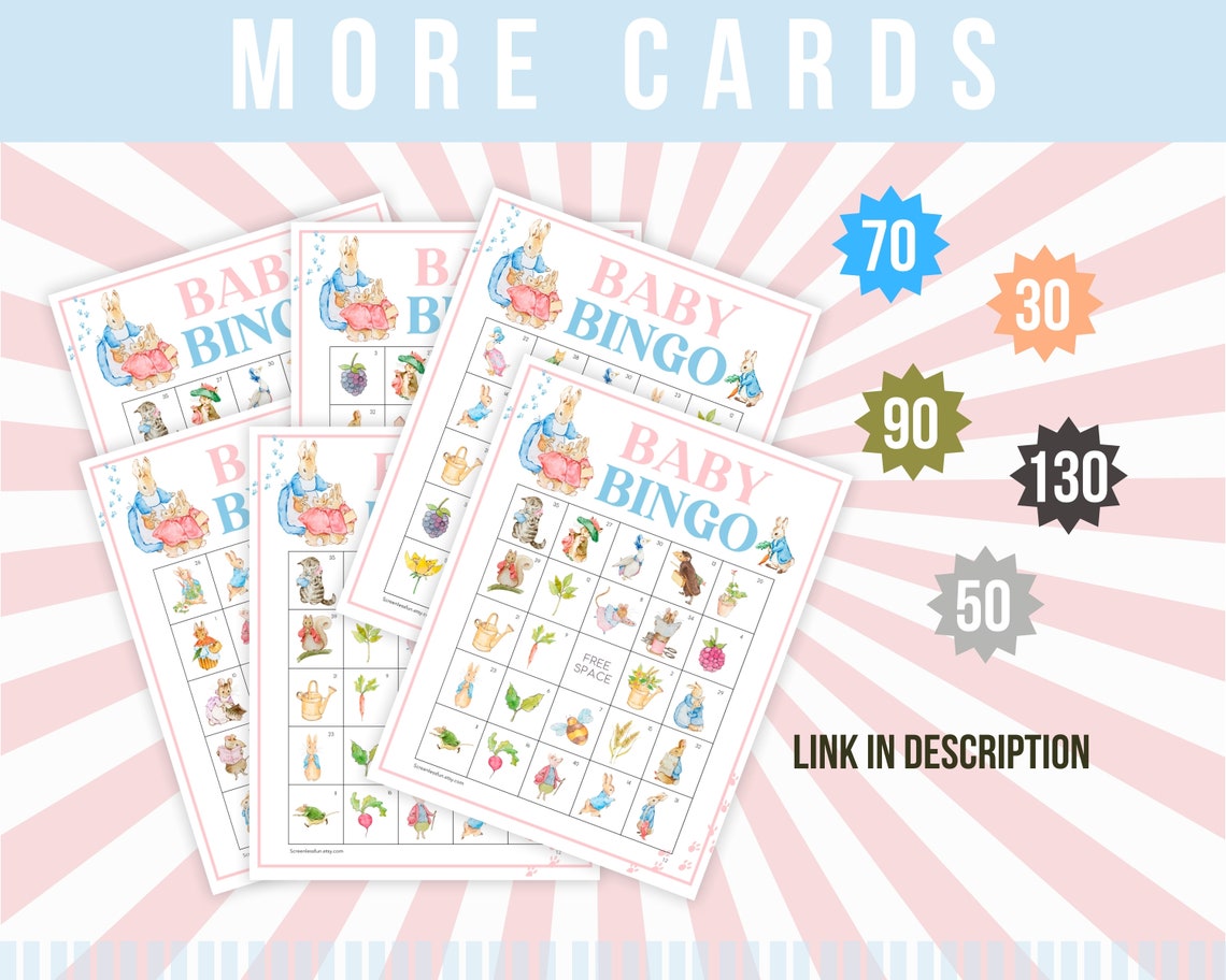 50 Peter Rabbit Party Bingo Game, Rabbit Baby Shower Spring Bingo Cards ...