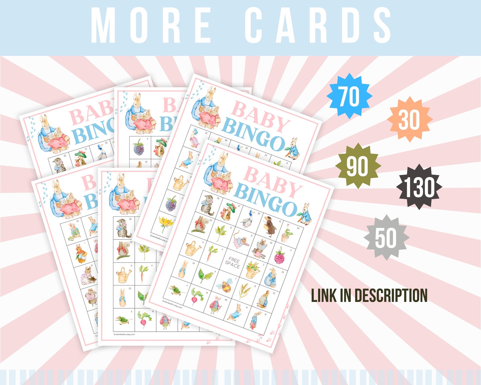 50 Peter Rabbit Party Bingo Game, Rabbit Baby Shower Spring Bingo Cards ...