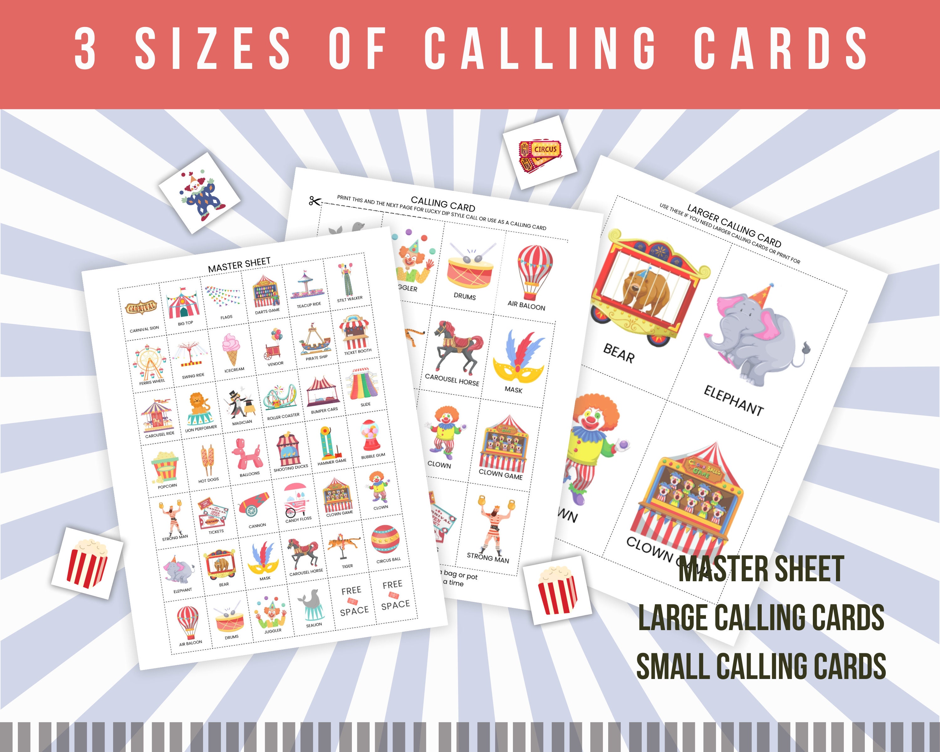 Carnival Bingo Cards Printable Game, Circus Clown Birthday Games, Kids ...