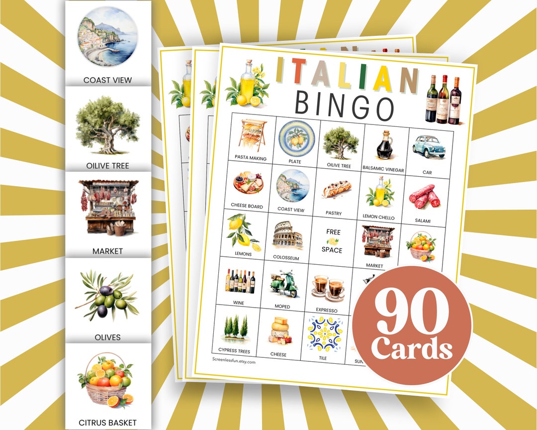 Italy Bingo Printable Game Cards, Italian Mediterranean Bingo, Yellow ...