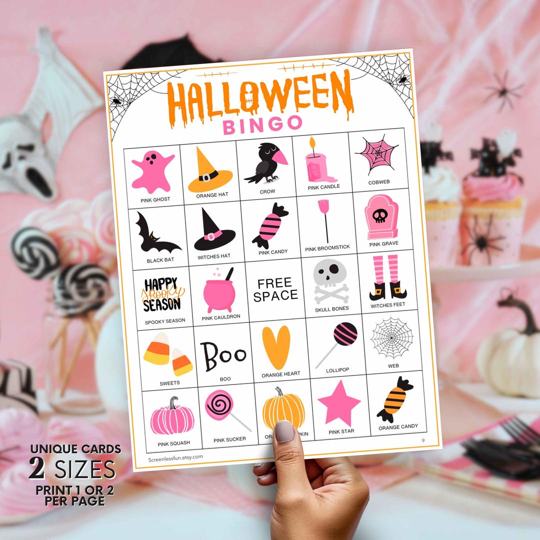 Halloween Bingo Boards, Pink Halloween Bingo Game, Halloween Printable ...