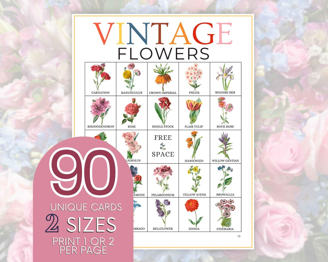 Vintage Flower Printable Bingo Game, Flower Named Filled Bingo Cards ...