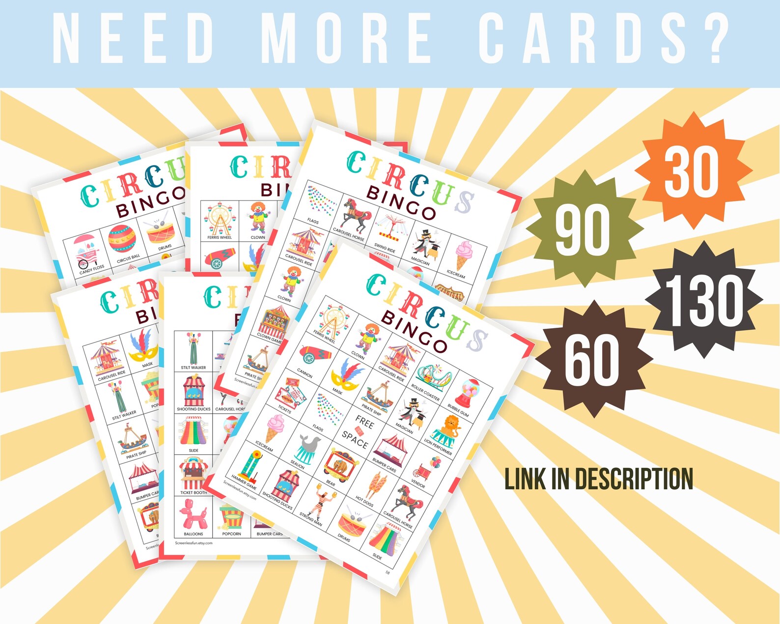 30 Circus Bingo Printable Boards, Circus Themed Party Game, Carnival ...