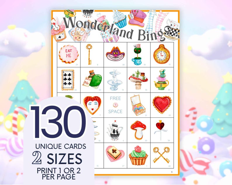 130 Alice in Wonderland Bingo Cards, Mad Hatter Themed Bingo Game ...