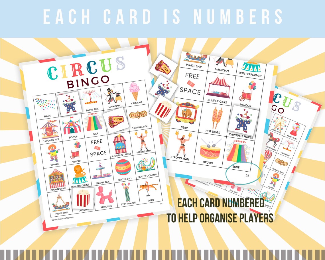 30 Circus Bingo Printable Boards, Circus Themed Party Game, Carnival ...