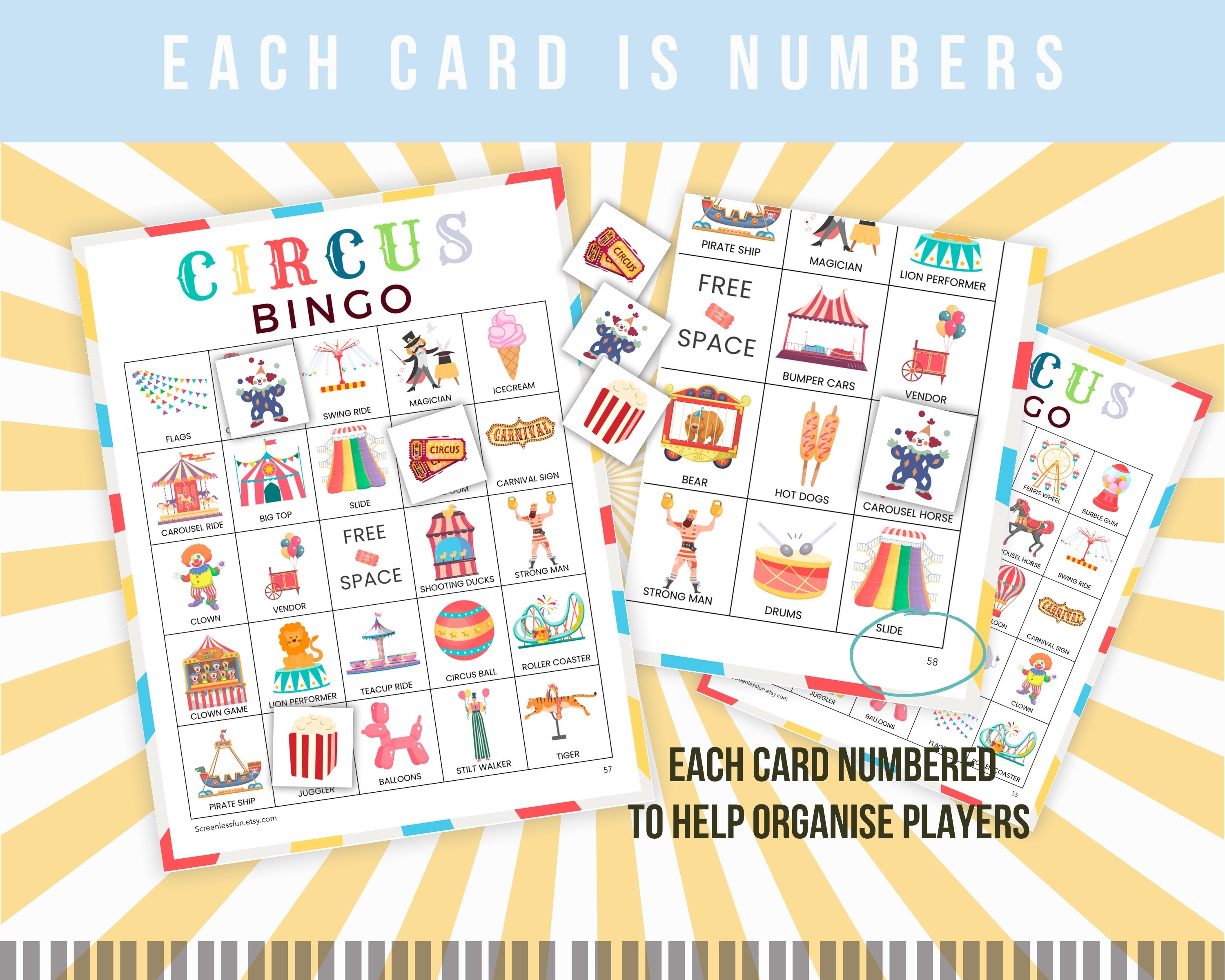 30 Circus Bingo Printable Boards, Circus Themed Party Game, Carnival ...