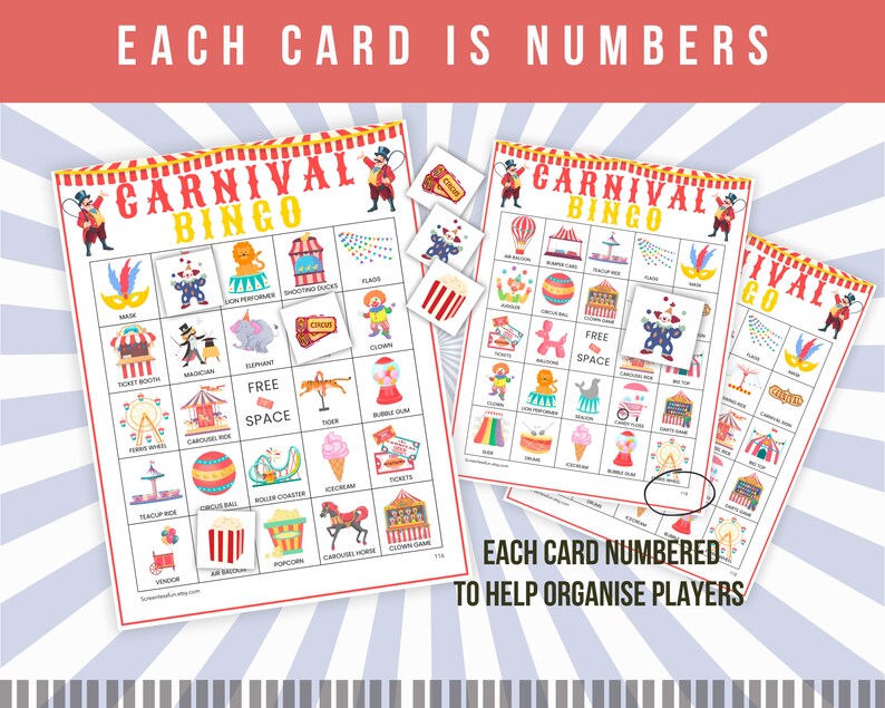 Carnival Bingo Cards Printable Game, Circus Clown Birthday Games, Kids ...