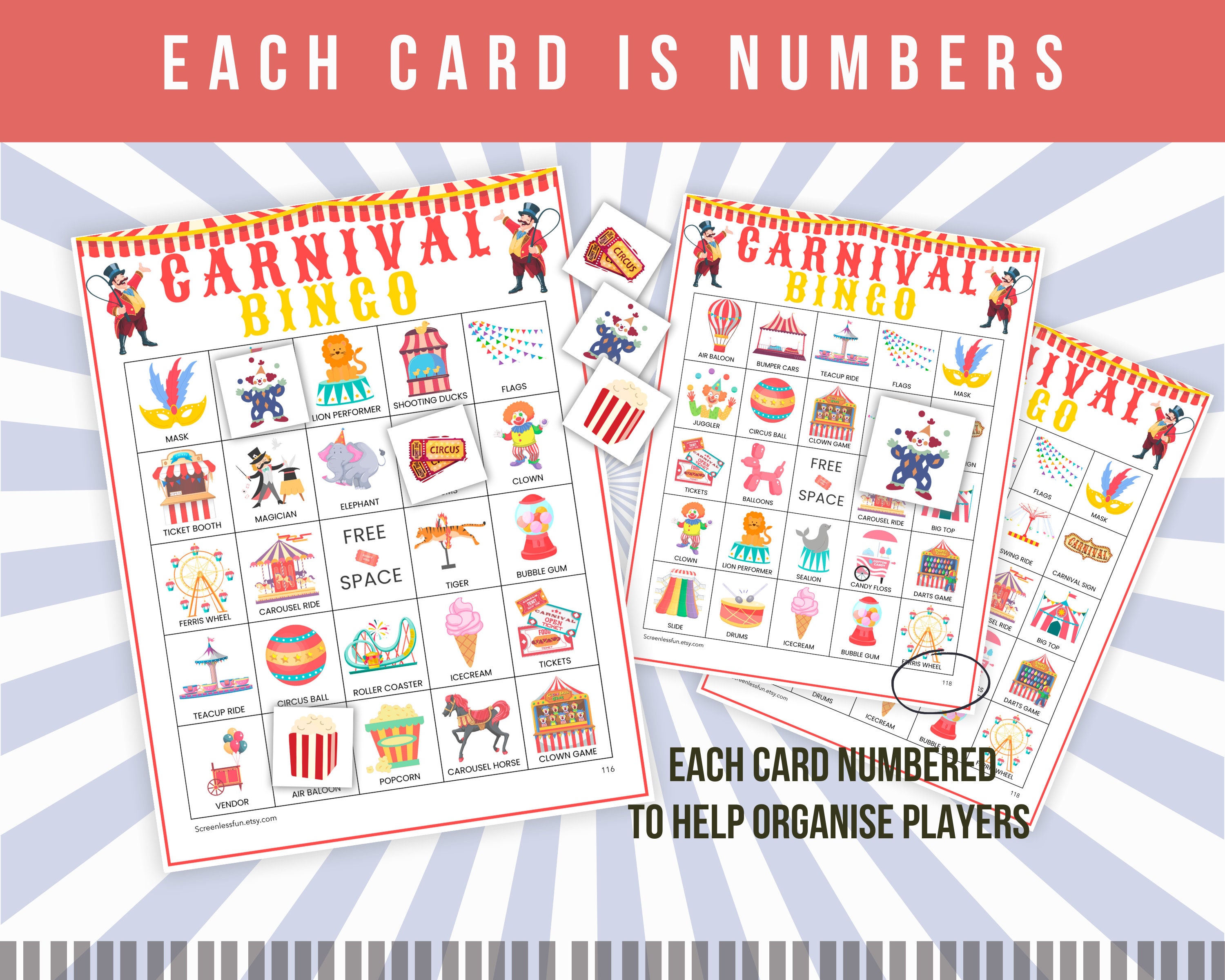 Carnival Bingo Cards Printable Game, Circus Clown Birthday Games, Kids ...