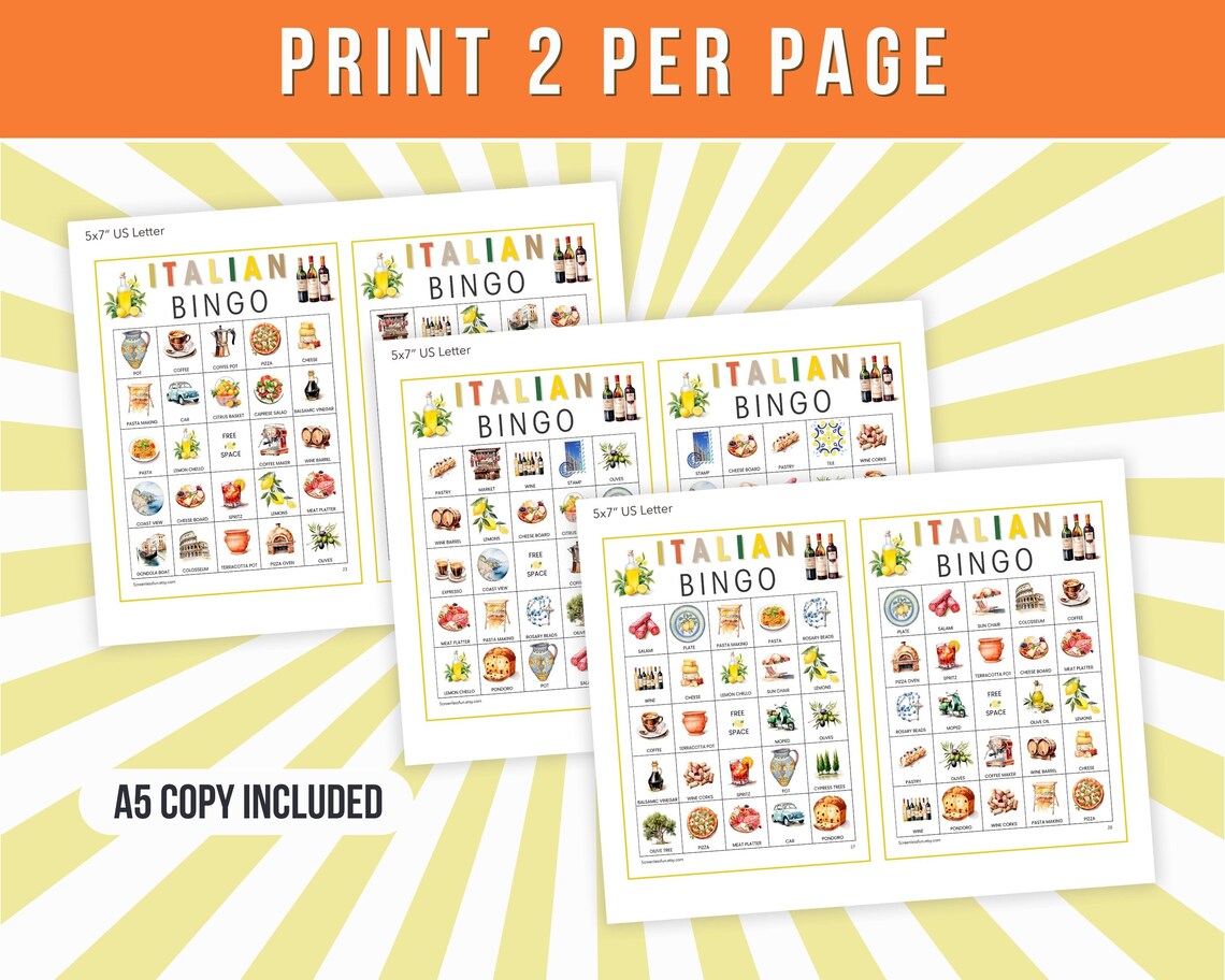 30 Italian Bingo Cards, Citrus Bridal Shower Game, Lemon Printable ...