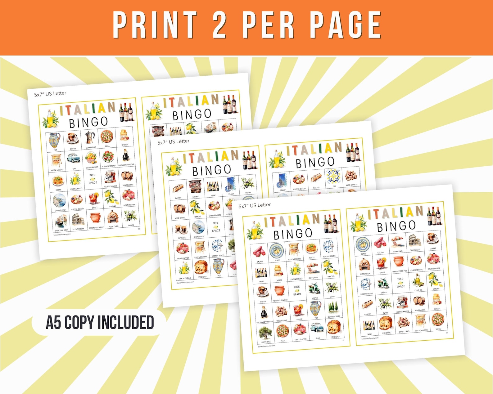 30 Italian Bingo Cards, Citrus Bridal Shower Game, Lemon Printable ...