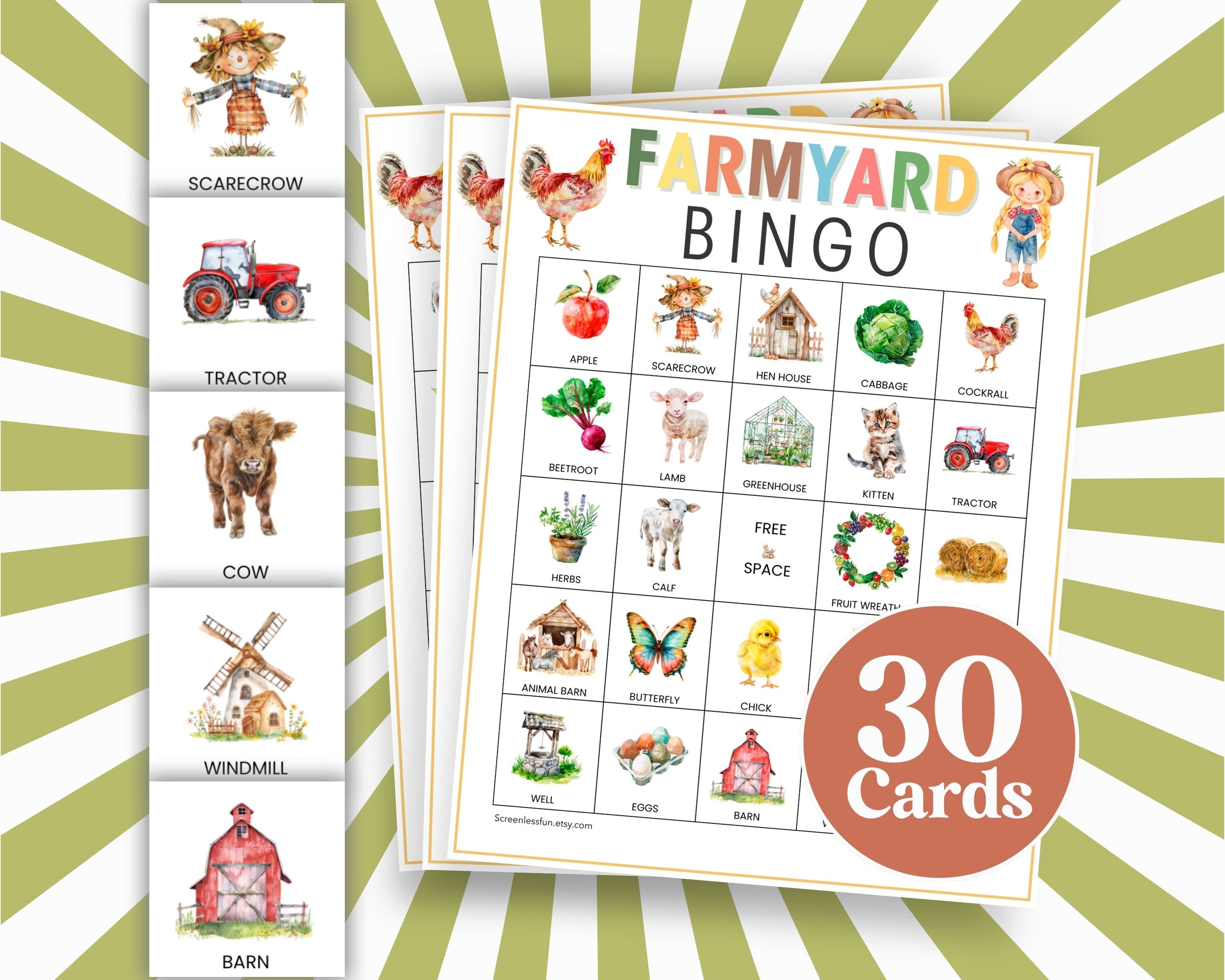 30 Farmyard Bingo Cards, Farm Animal Baby Shower Game, Barnyard Party ...
