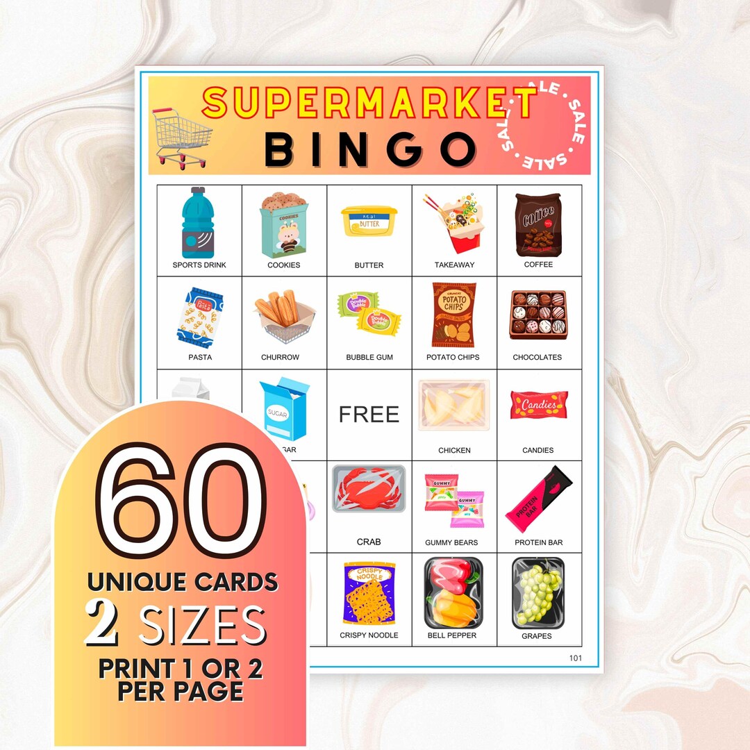 Supermarket Bingo, 60 Grocery Store Bingo Cards, Supermarket Scavenger ...