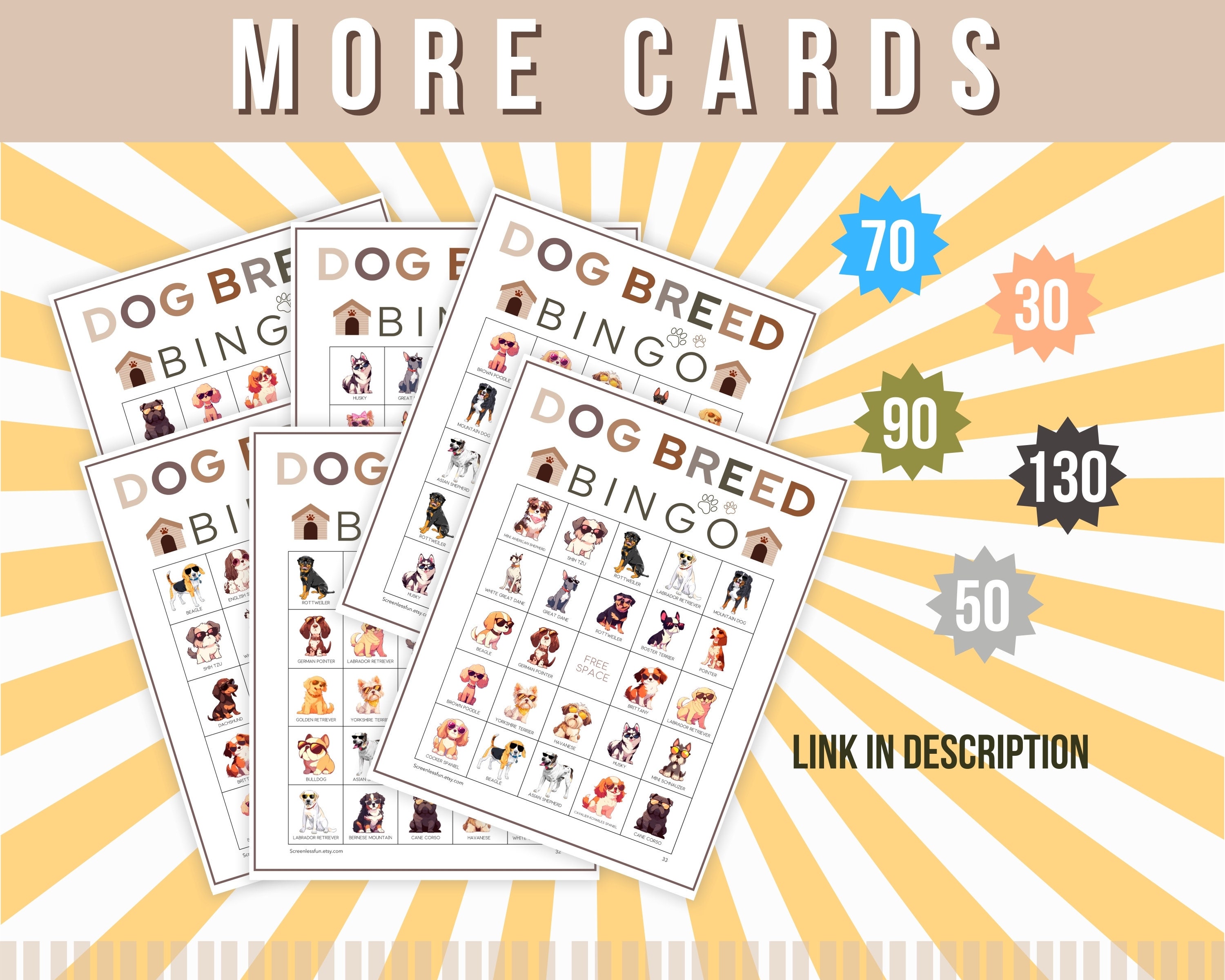 Dog Breed Bingo Boards, 50 Dog Birthday Party Game, Kids Party Activity ...