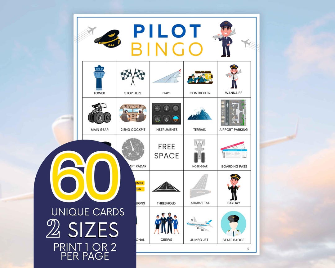 Pilot Bingo Cards, 60 Pilot Printable Party Game, Career Boy Birthday ...