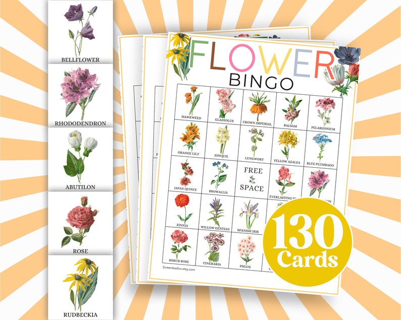 130 Flower Bingo Cards Printable Game, Floral Themed Game Activity ...