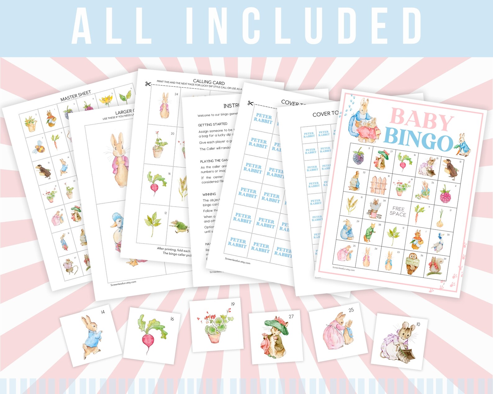 50 Peter Rabbit Party Bingo Game, Rabbit Baby Shower Spring Bingo Cards ...