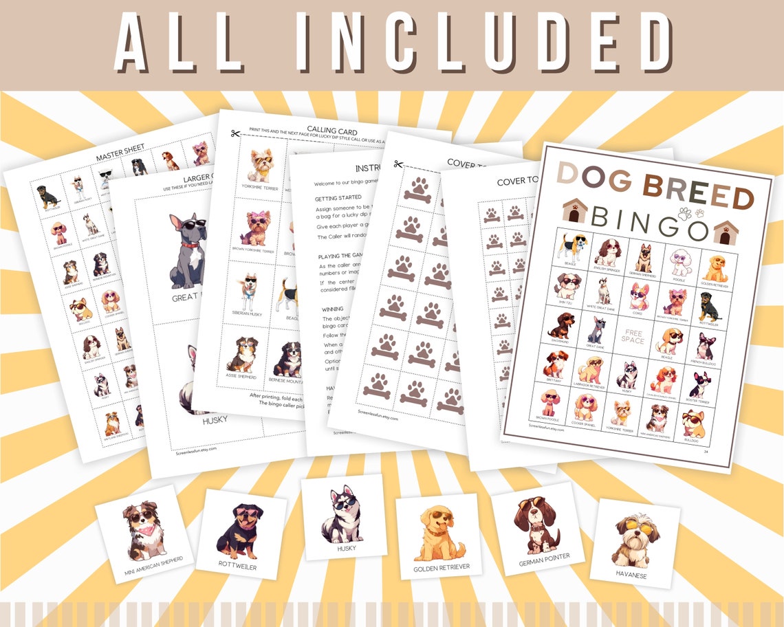 Dog Breed Bingo Game: 130 Printable Cards (birthday Party) - Etsy